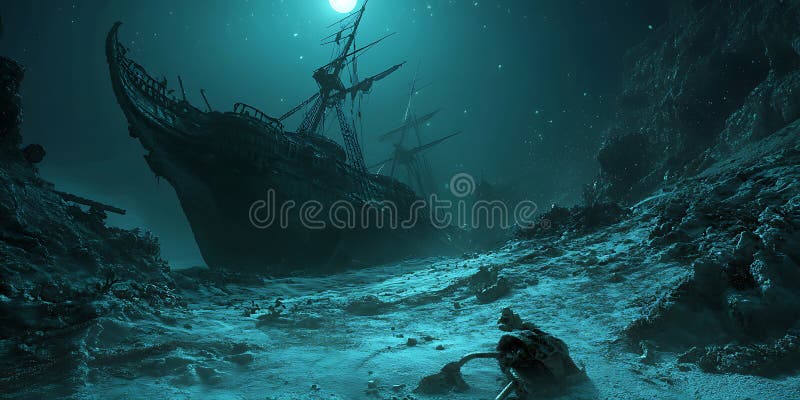 Deep Ocean Wreck Sunken Ship in Dark Underwater Scene Stock ...