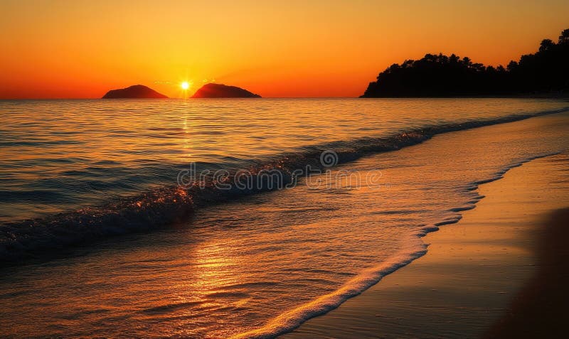 Deep Orange Sunset Casting Long Shadows on the Beach Stock Image ...
