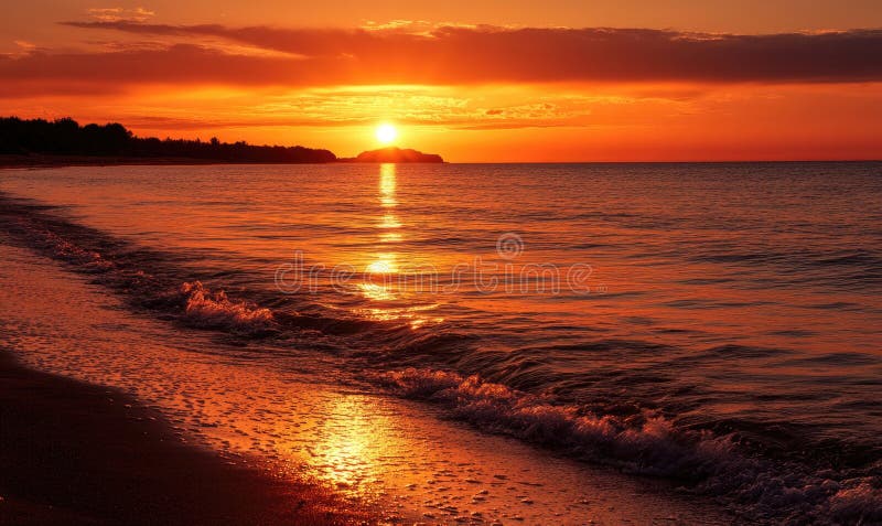 Deep Orange Sunset Casting Long Shadows on the Beach Stock Image ...