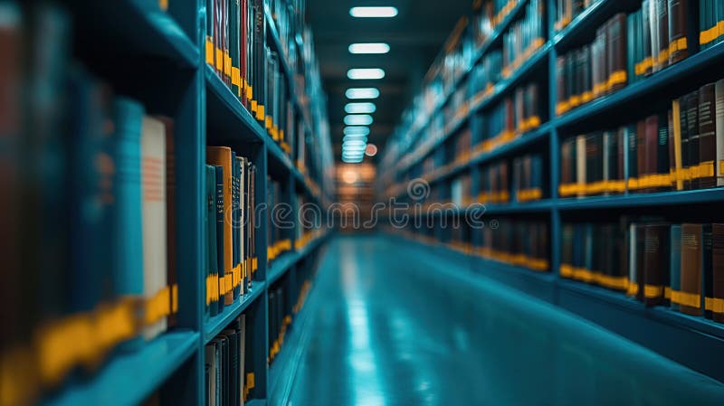 Deep Perspective of Bookshelves in a Library, Showcasing Rows of Books ...