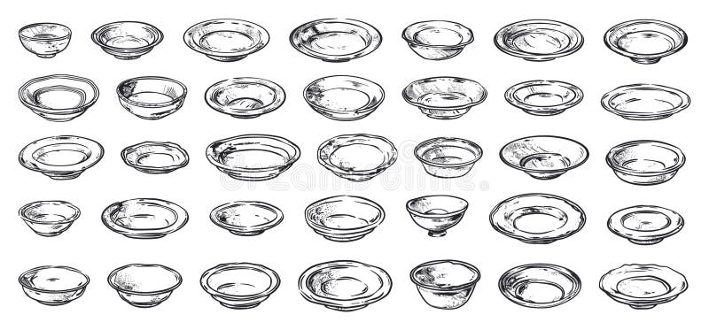 Deep Plates of Different Shapes Icons Set Vector Line Drawing Old ...