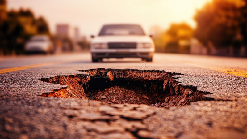 A Deep Pothole on a City Road with a Car Approaching, Highlighting ...