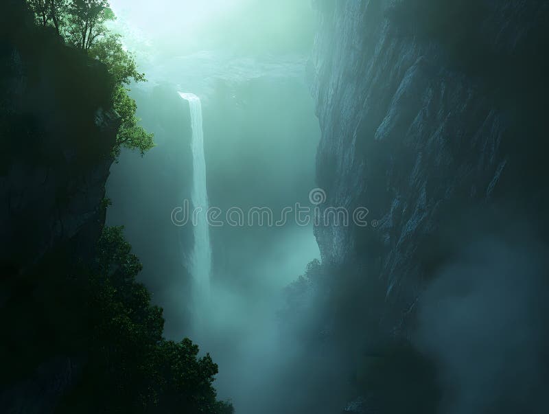 A Deep Ravine Waterfall Luminous Stock Illustration - Illustration of ...