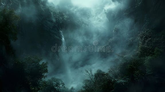 A Deep Ravine Waterfall Luminous Stock Illustration - Illustration of ...