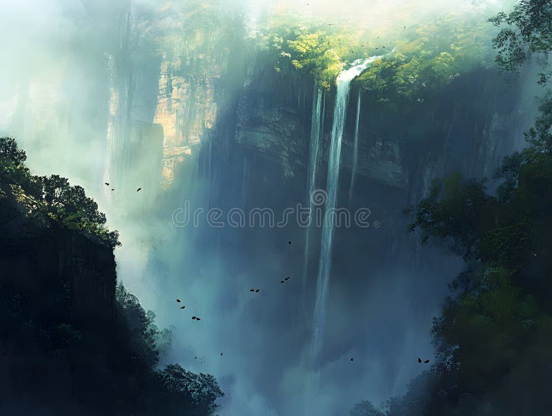 A Deep Ravine Waterfall Luminous Stock Illustration - Illustration of ...