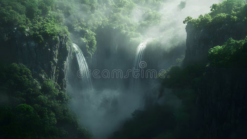 A Deep Ravine Waterfall Luminous Stock Illustration - Illustration of ...