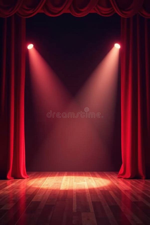 Deep Red Curtains, Focused Spotlights Illuminate Empty Stage, Empty ...