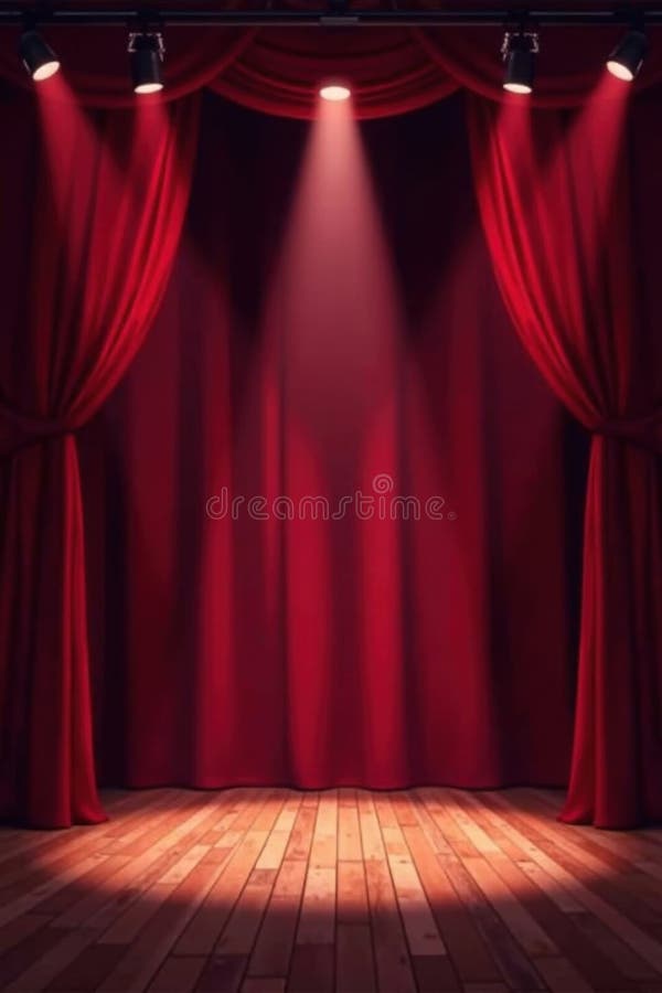 Deep Red Curtains, Focused Spotlights Illuminate Empty Stage ...
