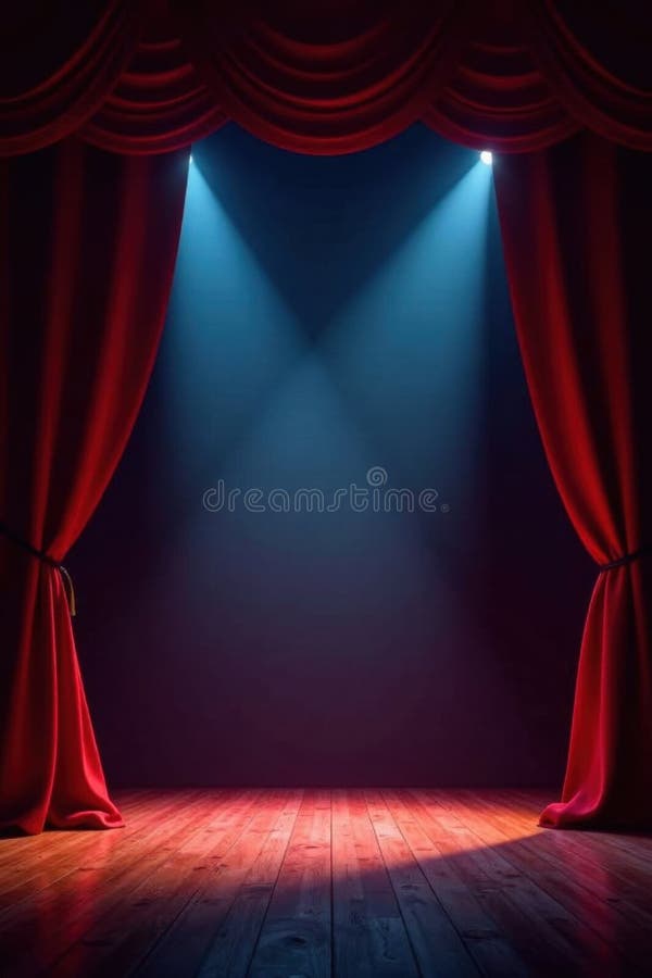 Deep Red Curtains, Focused Spotlights Illuminate Empty Stage, Spotlight ...