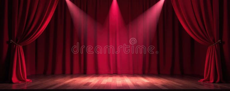 Deep Red Curtains Framing a Stage, Sharp Spotlights Create Dramatic ...