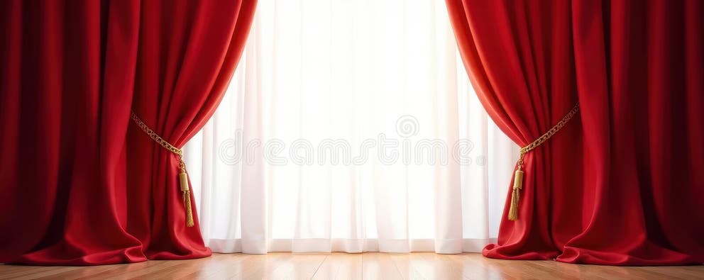 Deep Red Curtains, Golden Edging, Pull Back To Bright White, Classic ...