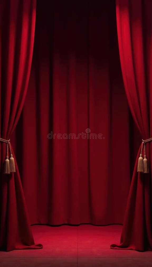 Deep Red Curtains Pulled Back Revealing Empty Stage, Curtain Backdrop ...