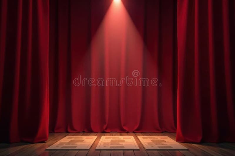 Deep Red Curtains Pulled Back, Single Spotlight Illuminates Boards ...