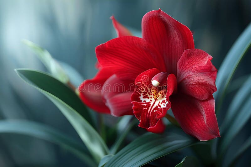 A Deep Red Orchid with Dark Green Leaves, High Quality, High Resolution ...