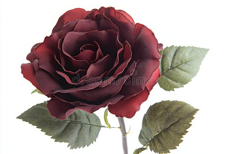 A Deep Red Rose Adorned with Lush Green Leaves on a White Background ...