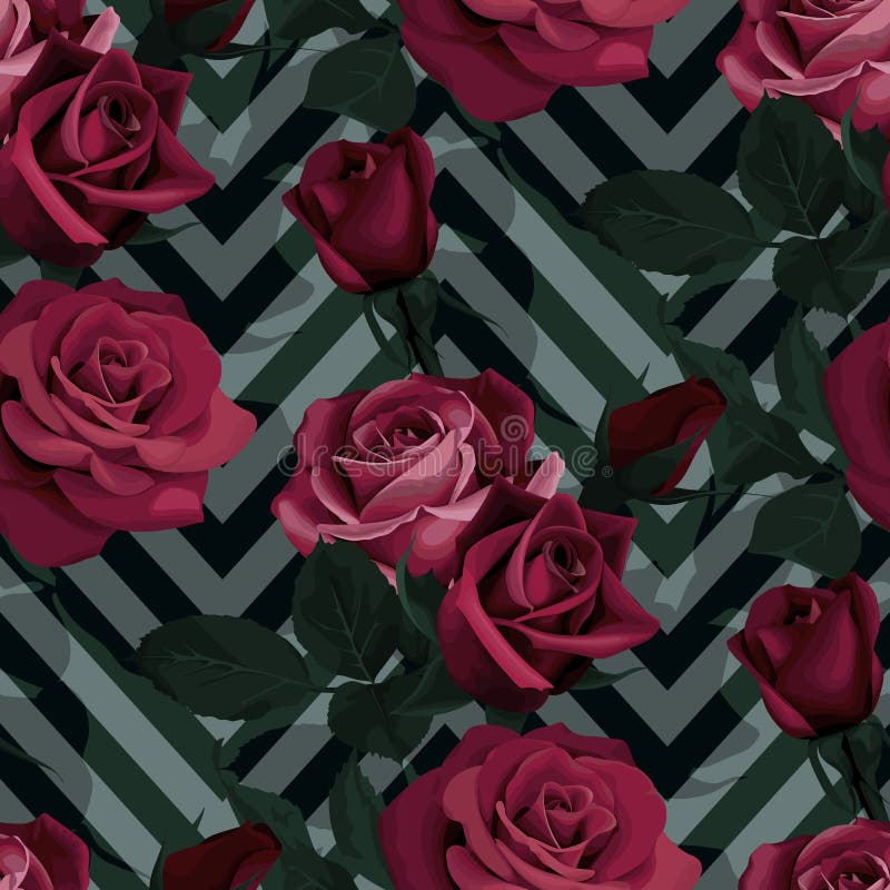 Deep Red Roses Vector Seamless Pattern. Dark Flowers on Black and White ...