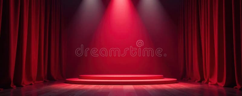 Deep Red Stage Drapes Ascend, Spotlights Illuminate the Vacant Boards ...