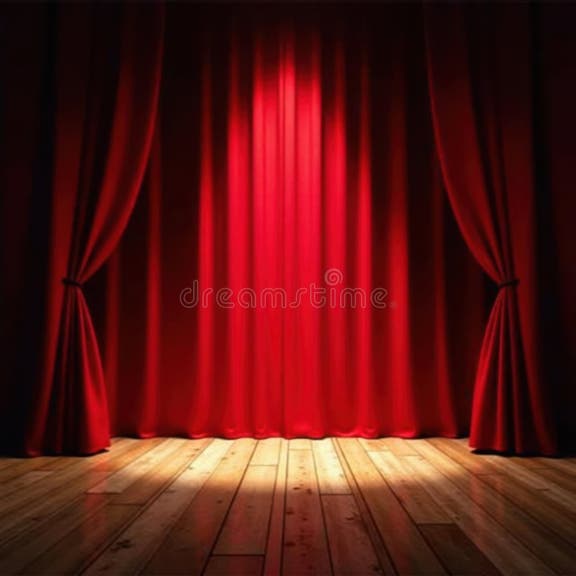 Deep Red Stage Drapes, Bright Spotlight on Bare Boards, Curtains, Stage ...
