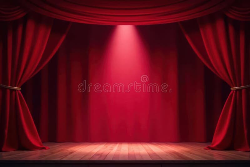 Deep Red Stage Drapes, Bright Spotlight Highlighting Empty Space, Dark ...