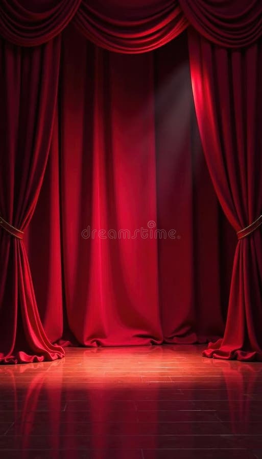 Deep Red Stage Drapes, Intense Spotlight, Polished Floor Gleam, Glossy ...