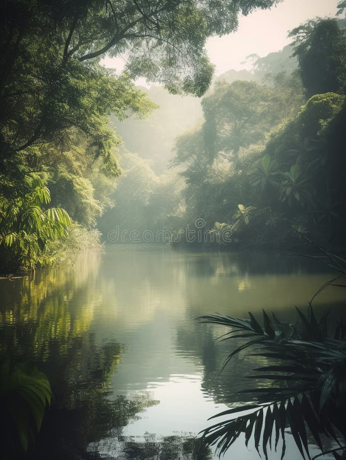 Deep River Flowing through Dense and Humid Tropical Forest. Stock ...