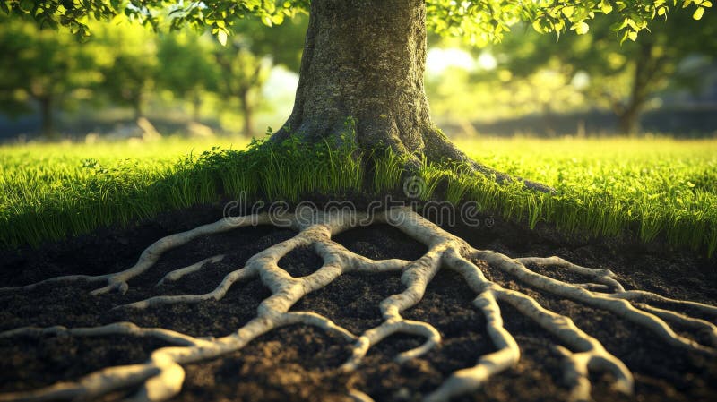 Deep Roots Support a Lush Tree Standing in a Vibrant Forest Landscape ...