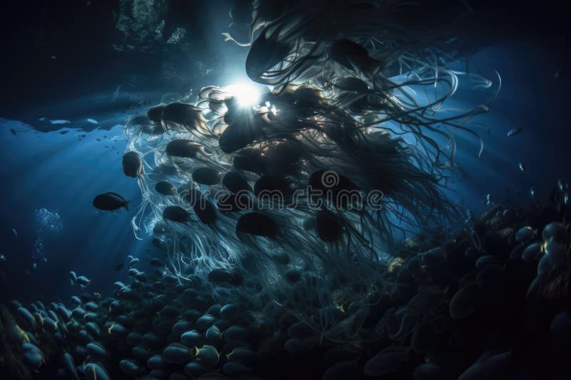 Deep-sea Creature Swimming Amongst School of Fish, Surrounded by ...