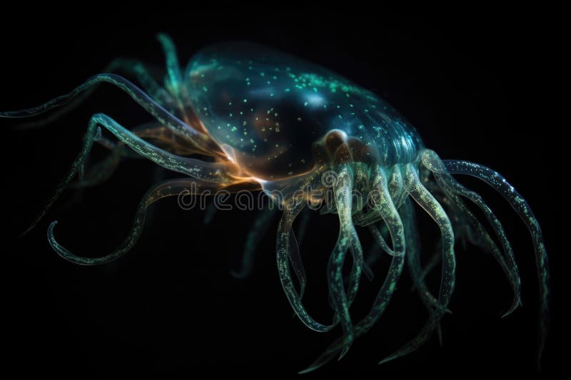 Deep-sea Creature with Tentacles and Bioluminescent Patterns in Water ...