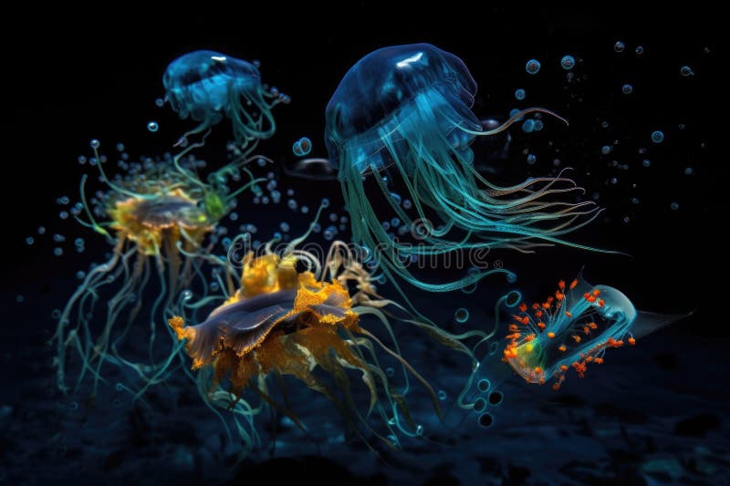 Deep-sea Creatures Swimming and Interacting with Each Other in Vibrant ...
