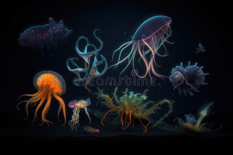 Deep-sea Creatures Swimming and Glowing in the Dark Depths of the Ocean ...