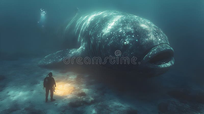 Deep Sea Encounter - Illustration of a Diver and a Giant Fish Stock ...