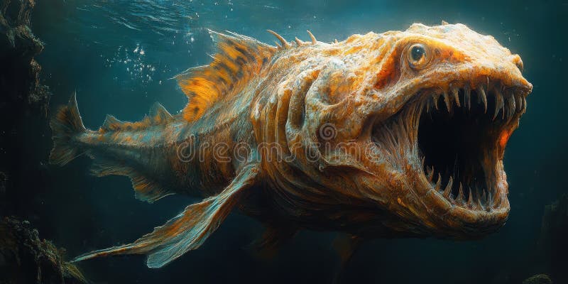 Deep Sea Monster Fish with Sharp Teeth, Bioluminescent Features, and ...