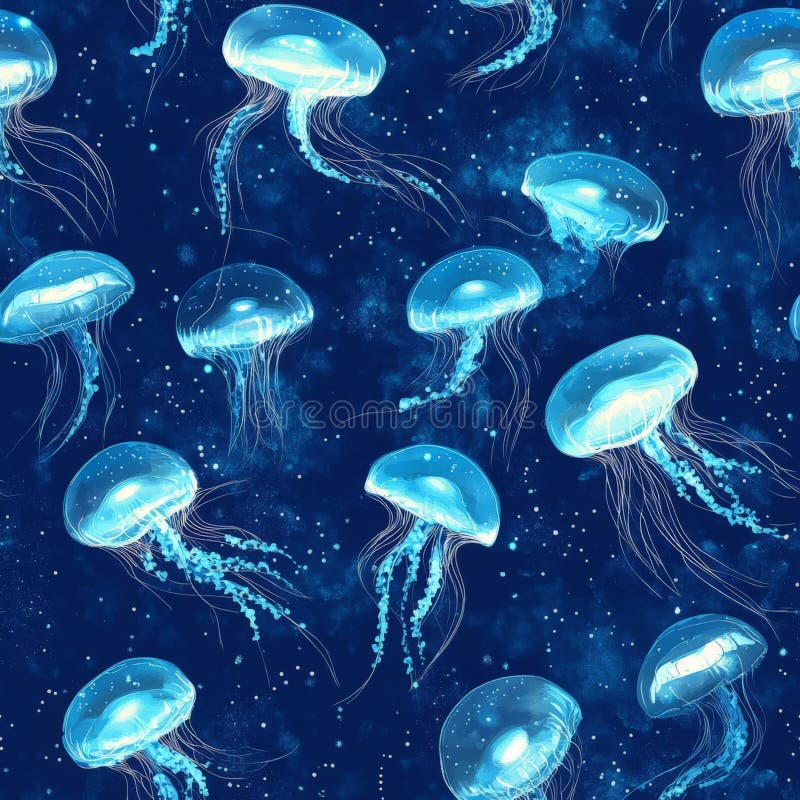 A Deep-sea Pattern of Glowing Jellyfish Drifting through an Inky Blue ...
