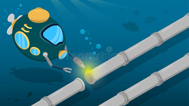 Deep Sea Robot Bathyscaphe Repairs Pipeline. Complex Engineering Work ...