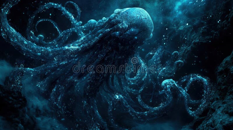 Deep Sea Scene with Bioluminescent Creatures in Dark Stock Image ...