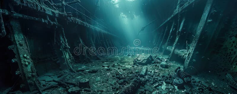 A Deep Sea Shipwreck with Sunlight Shining through Stock Photo - Image ...