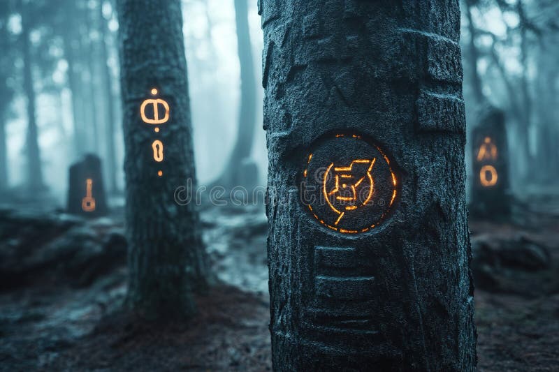 Deep within a Shadowy Forest, Trees are Marked with Glowing Symbols ...