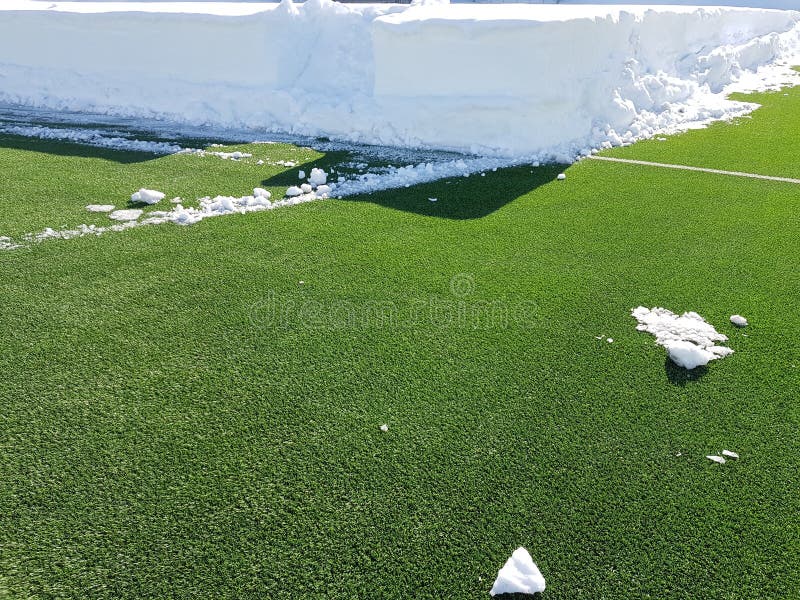 Deep Snow on Green Soccer Field in May, Northern Norway Spring Stock ...