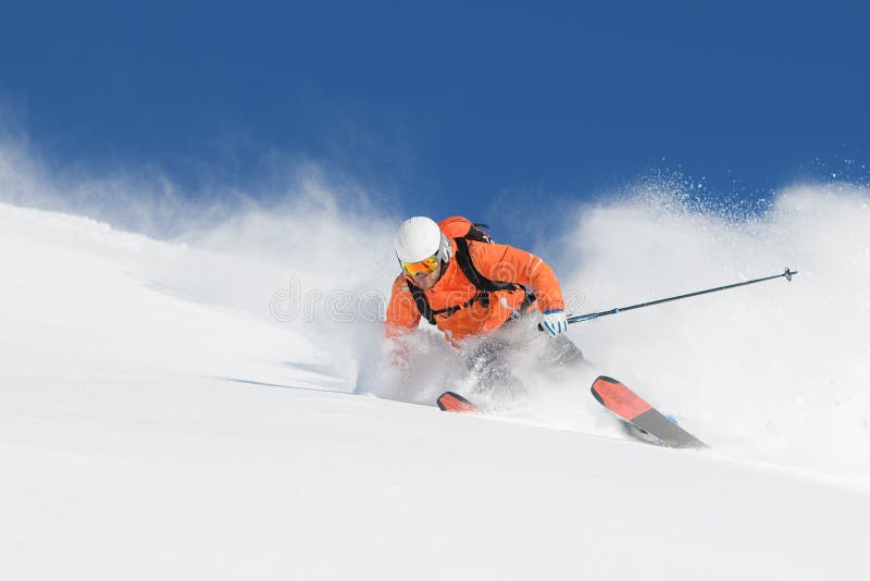 Deep snow skiing stock photo. Image of winter, backpacks - 267390766