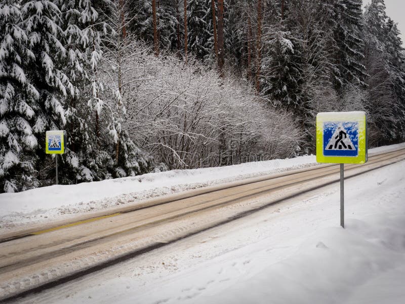 Deep Snow Winter Sign Crosswalk on Winter Road Stock Image - Image of ...