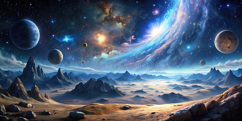 Celestial Wonders: Deep Space Galaxy Landscape with Mountains and Asteroid Fields Stock ...
