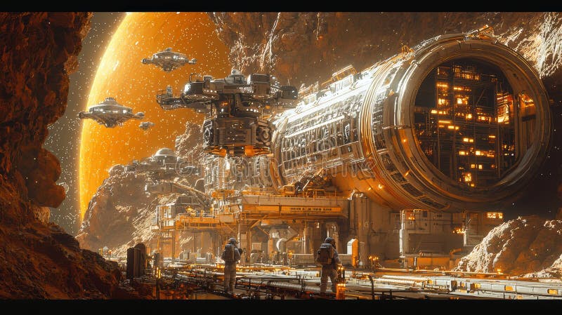 Astronauts Exploring a Golden Space Station on an Alien Planet Stock ...