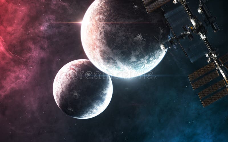 Deep Space Planets with Blue and Red Frame Background Stock ...