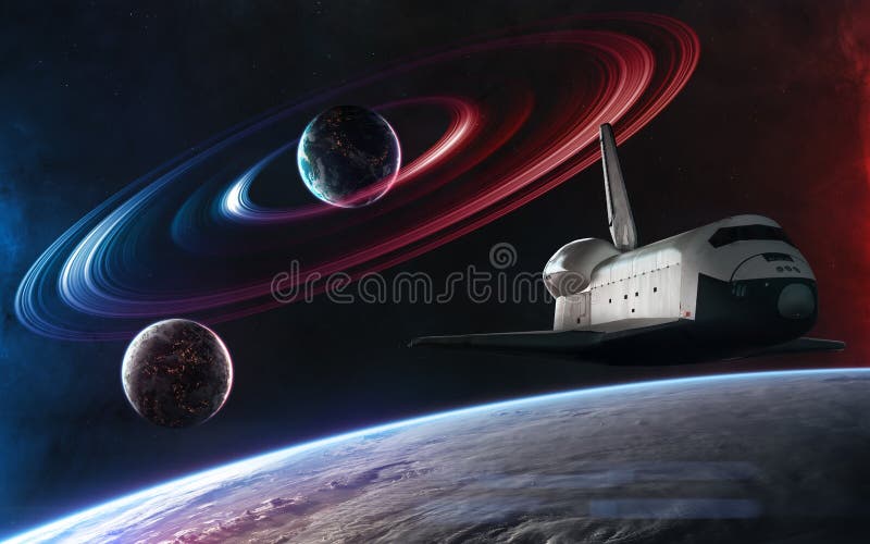 Deep Space Planets, Orbital Shuttle in Red and Blue Starlight Stock ...