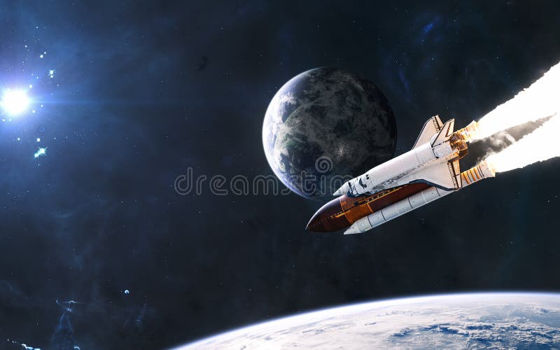 Deep Space. Space Shuttle Orbiting Planet in Light of Blue Star Stock ...