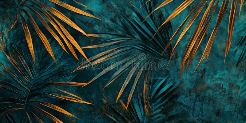 Deep Teal and Bronze Palm Leaf Pattern with Glowing Highlights and ...
