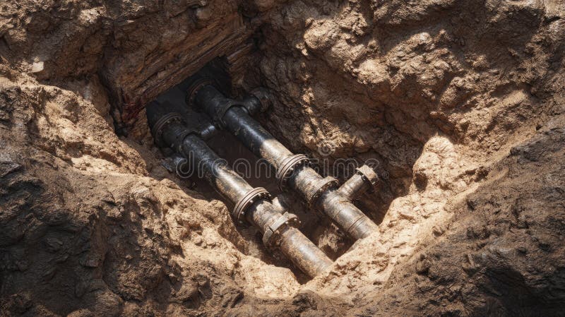 Deep Trench with Connected Pipe Segments for Water or Sewage ...