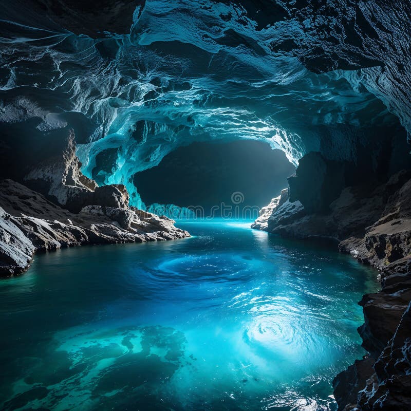 Underground Cavern with Glowing Blue Ocean and Mysterious Rocks Stock ...