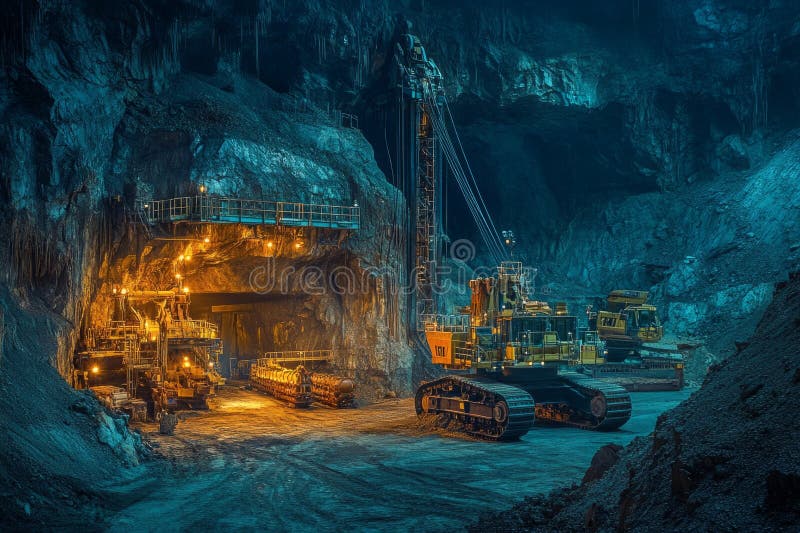 Deep Underground Mining Scene Featuring Heavy Machinery at Work. the ...