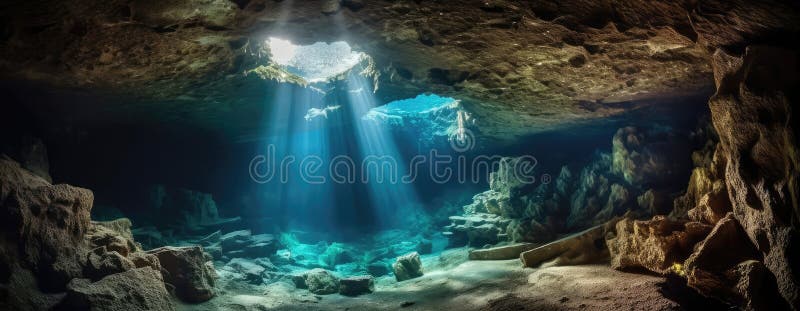 A Deep Underwater Cave with Coral Reefs Panoramic Background ...